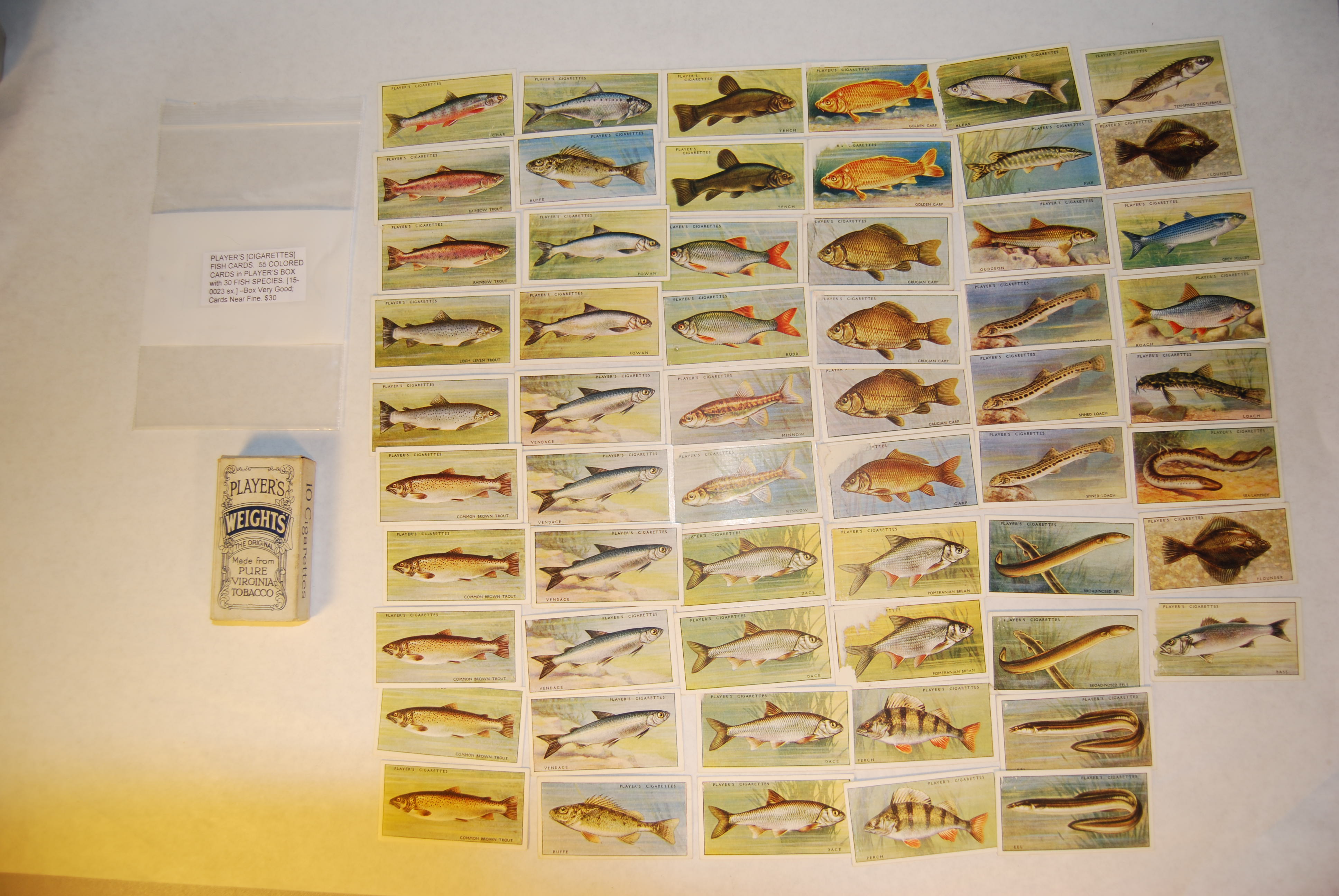 PLAYER’S [CIGARETTES] FISH CARDS. 55 COLORED CARDS in PLAYER’S BOX with ...